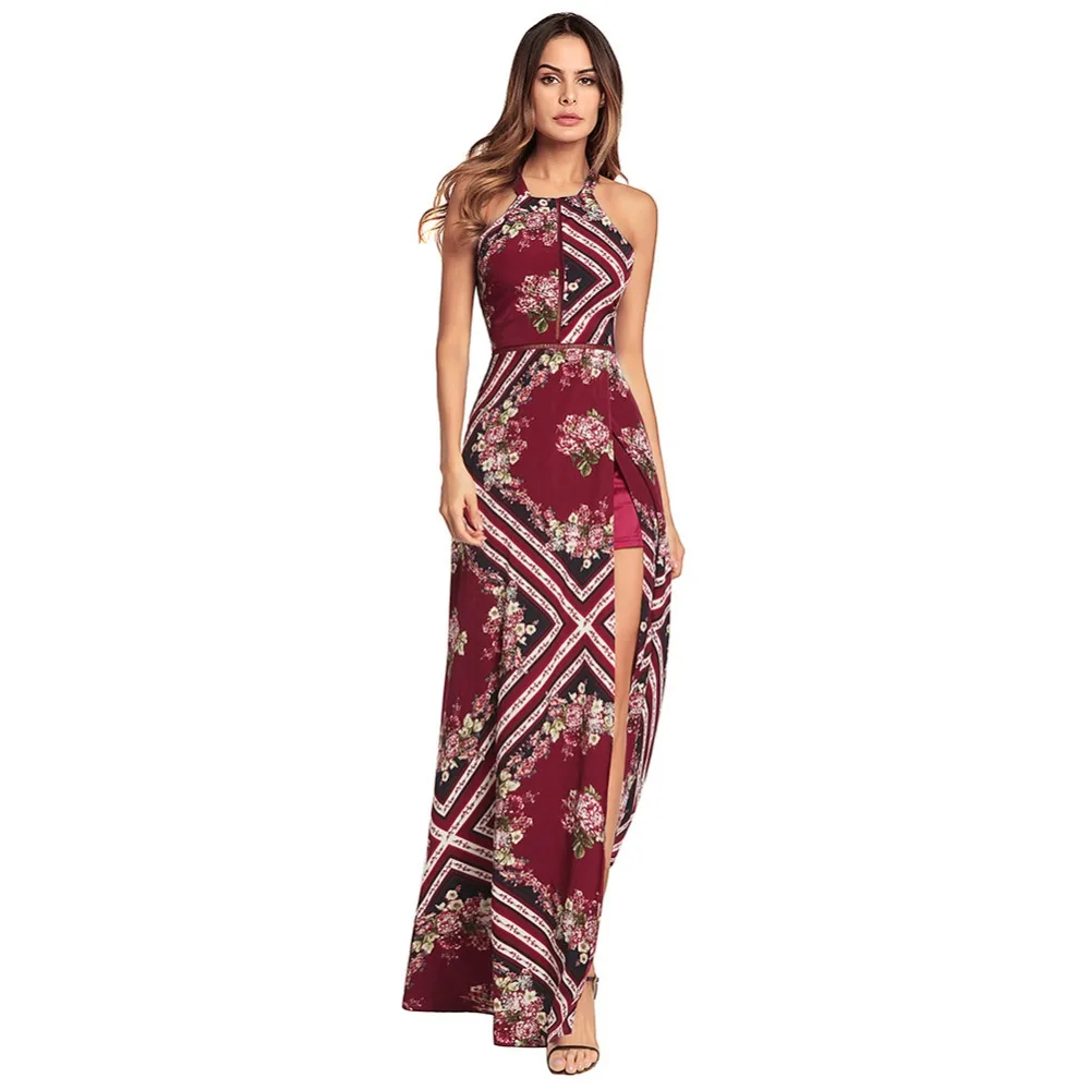 Womens 2019 Spring And Summer New Sexy Open Back Slit Dress Hanging Neck Stitching Irregular