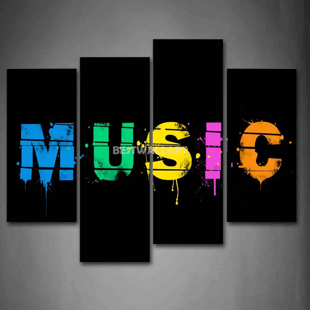 Word Music Letters In Different Color 4 Piece Painting On Canvas Wall ...