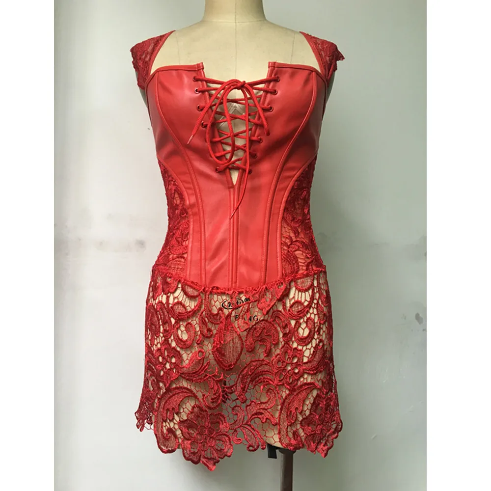 2017 corsés Sexy y Bustiers de talla grande corsé de mujer rojo de imitación de cuero y encaje ...