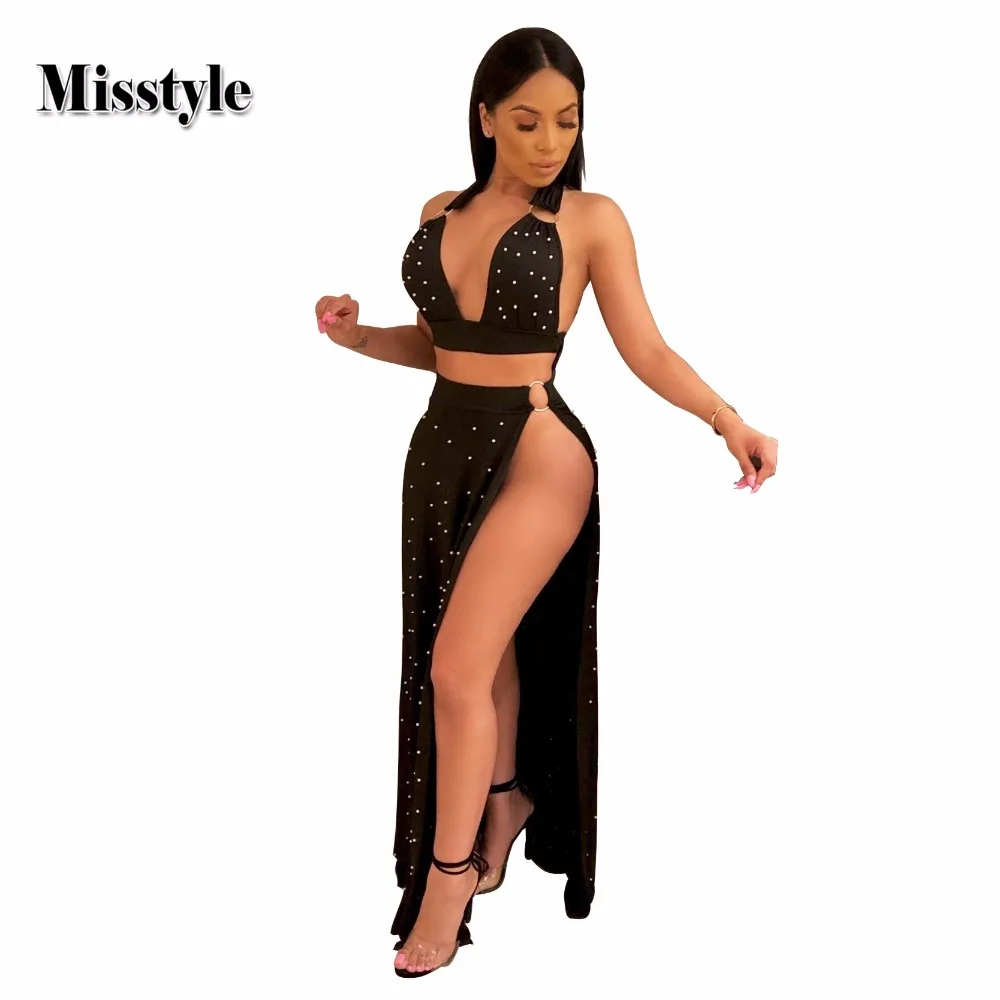 Misstyle Top Skirt Set Sexy Women Pearls Halter V Neck Backless Crop