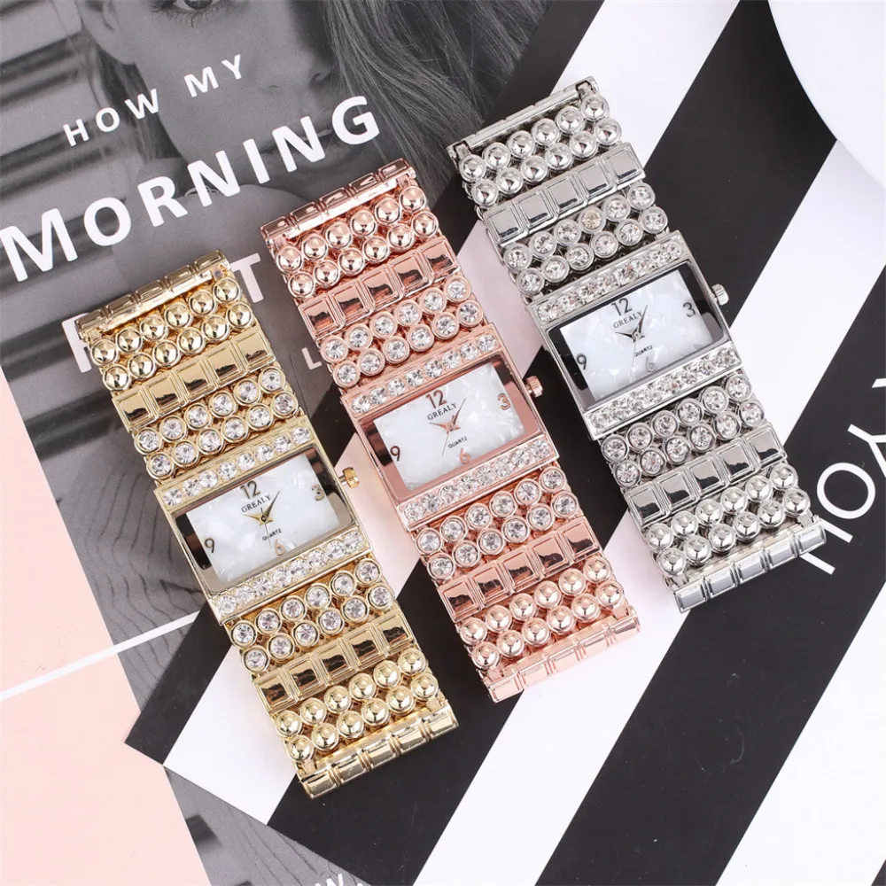Luxury Ladies Metal Quartz Stainless Belt Rectangle Dial With Diamond ...