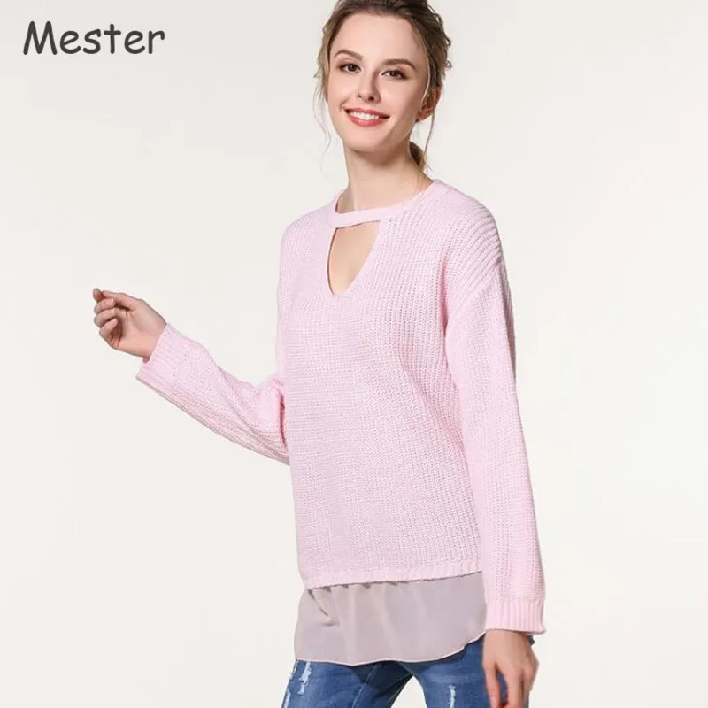 2017 Spring Hollow Out Sweater Women Sweet Cute Chiffon Patchwork Long