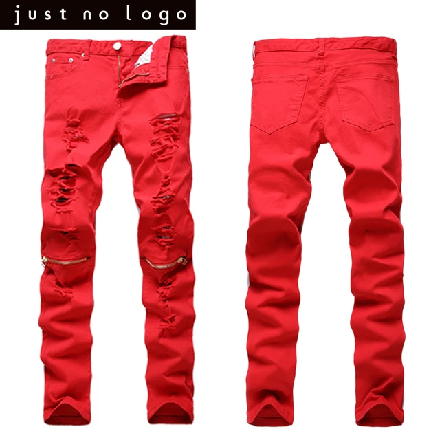 Mens Red Jeans Skinny Distressed Ripped Zipper Slim Fit Denim Pants Torned Destroyed Straight ...