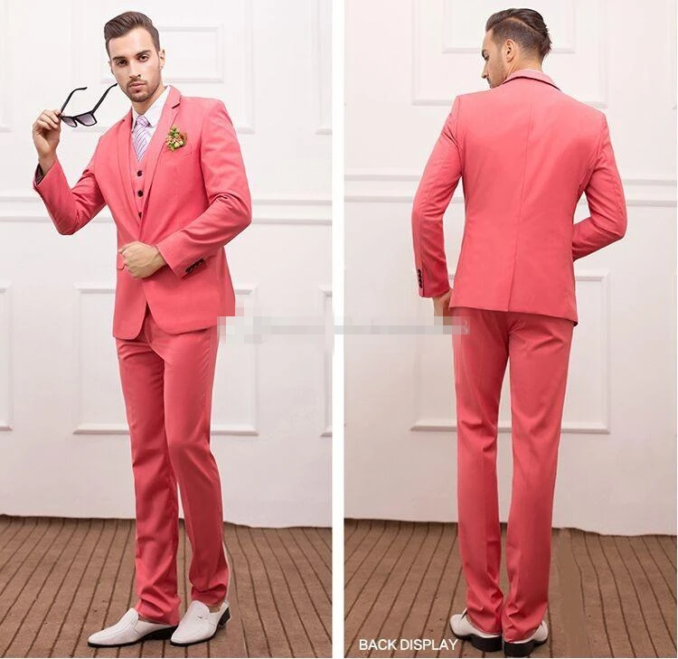 Custom Made Slim Fit Coral Groom Tuxedos Notch Lapel Men's Suit One ...