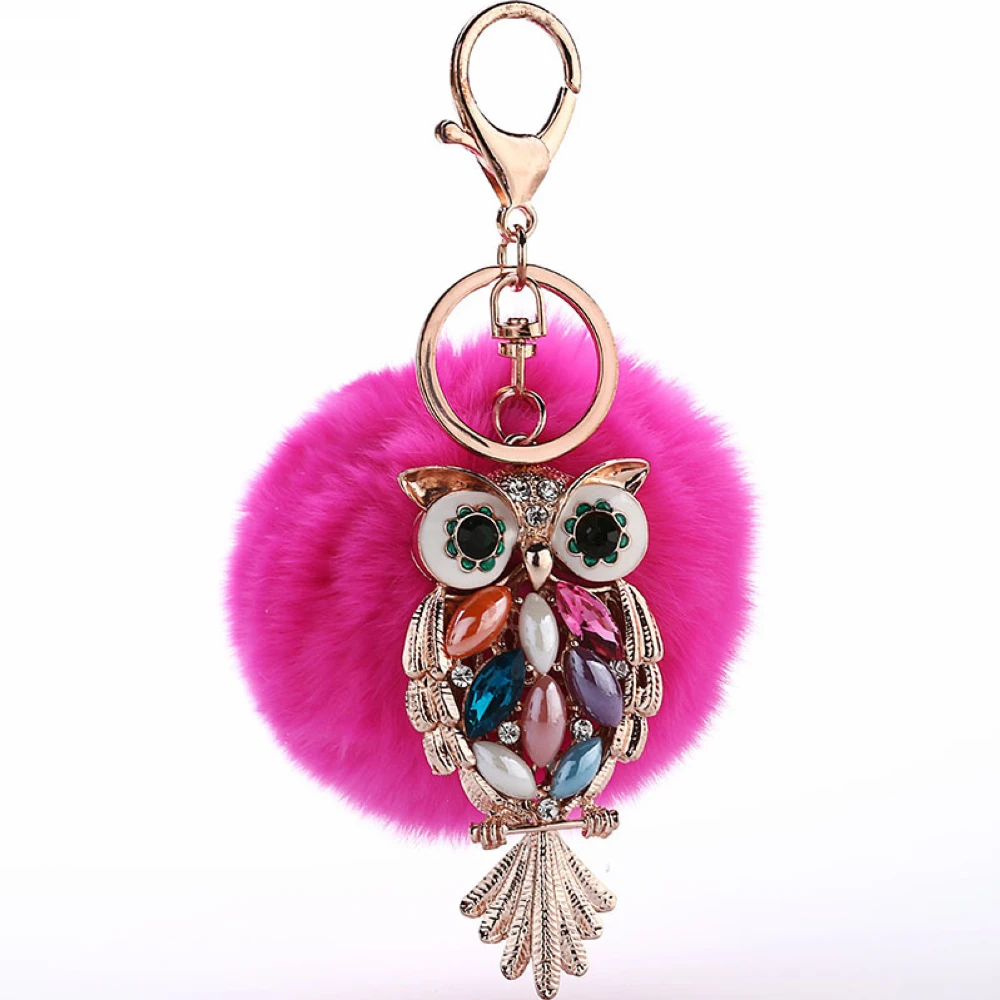 K0023 Fashion Furry Keychain Crystal Stone Owl Rabbit Fur Ball Keychain ...