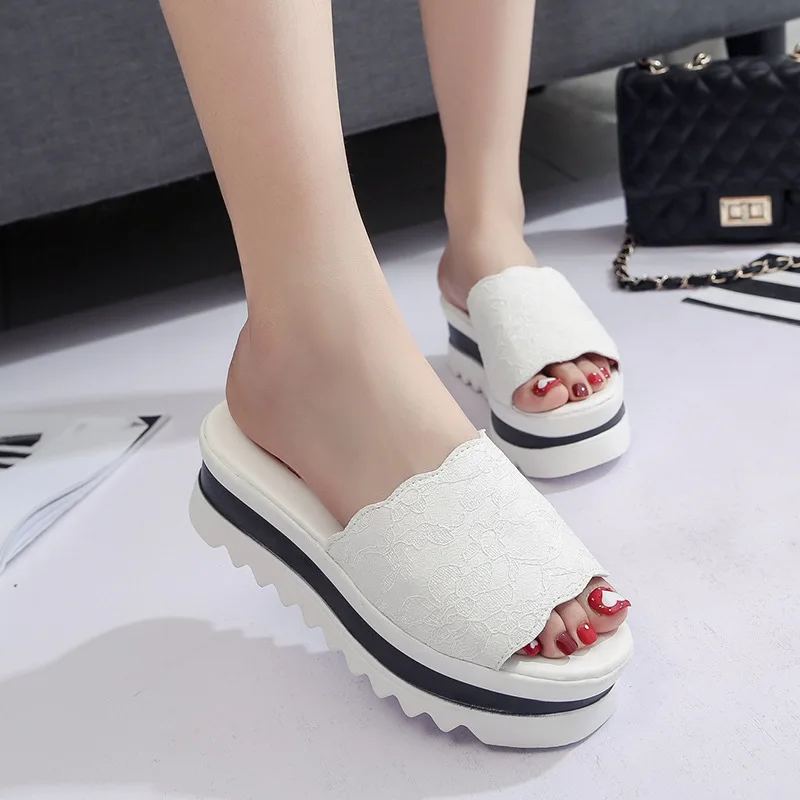 AVVVXBW 2017 Summer Women's Slippers Lace Flat Platform Slippers High ...