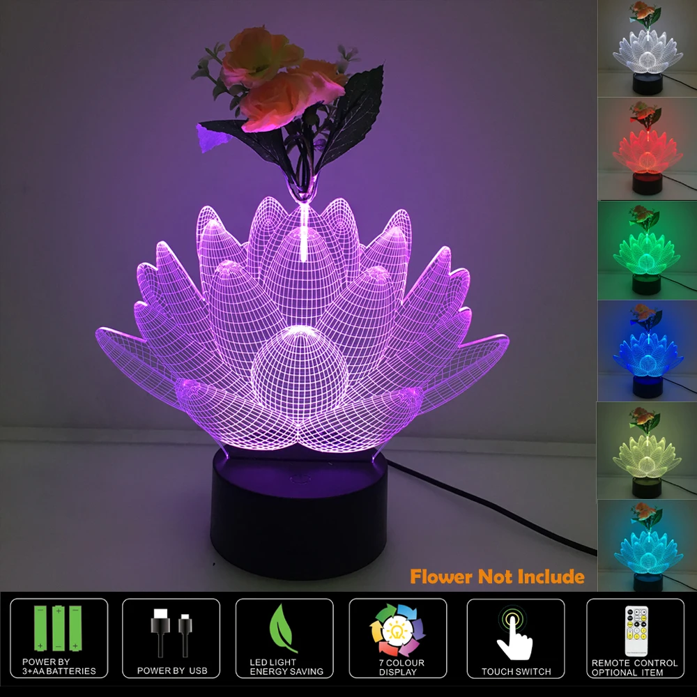 7 color Touch Lotus 3D Colorful Night Light Strange Stereoscopic Visual ...