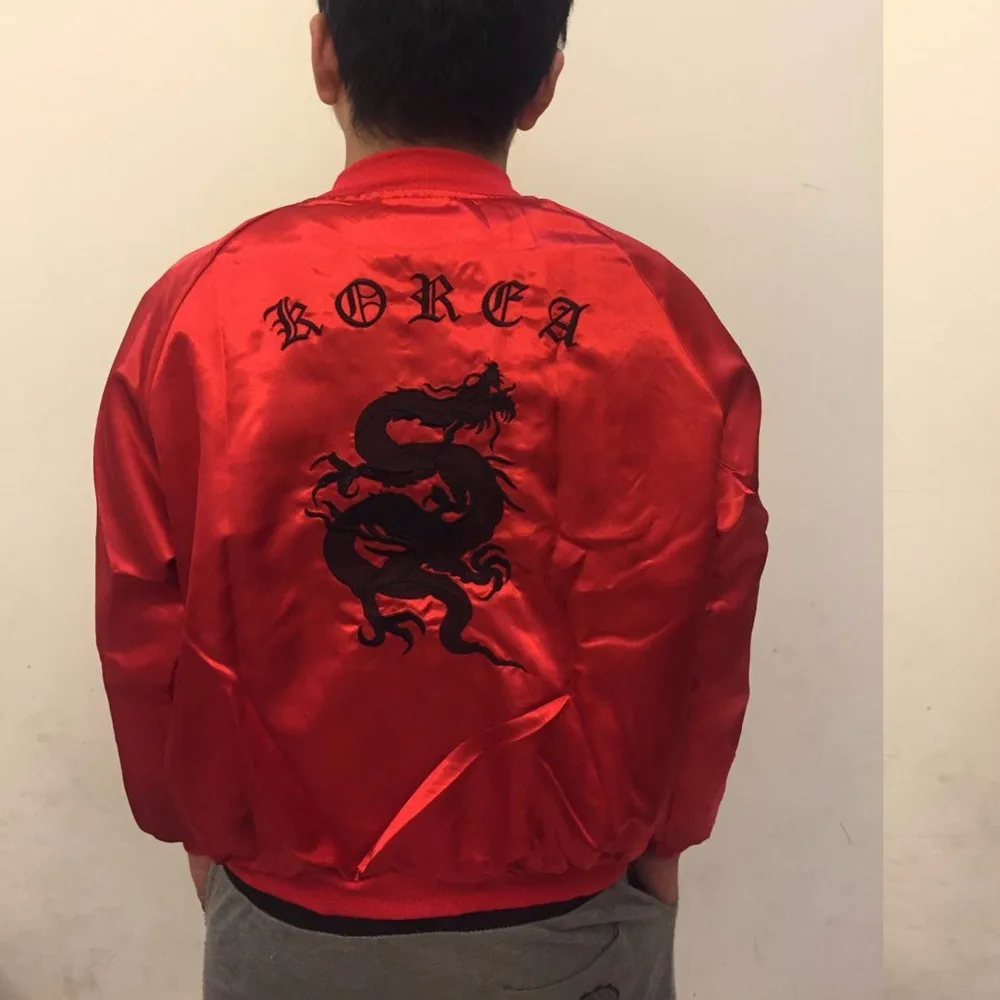 PLUS SIZE XXL Embroidery Dragon Satin Silky Zipper Jacket Bomber ...