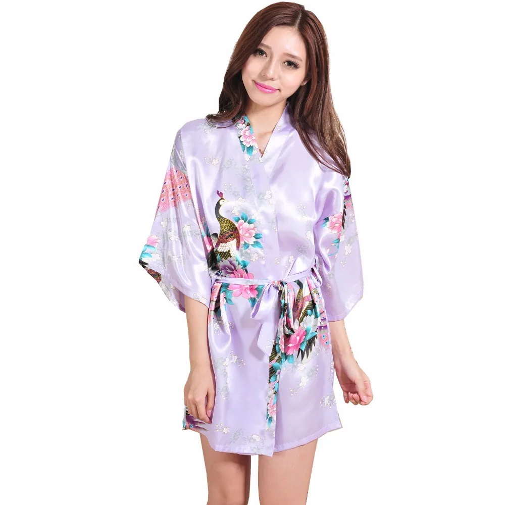 Light Purple Female Sexy Mini Silk Robe Rayon Kimono Yukata Night Dress ...