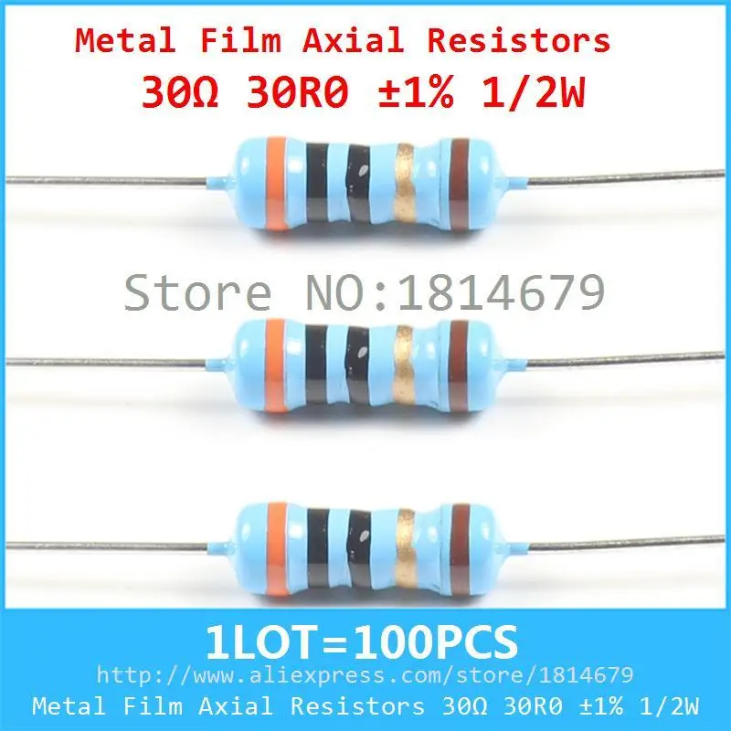 1LOT=100PCS Metal Film Axial Resistors 30ohm 30R0 1% 1/2W 0.5W Wattage1 ...
