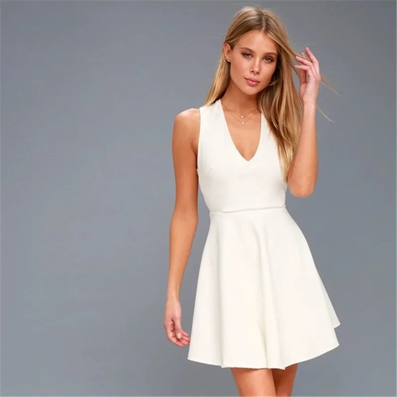 Women Dresses Sleeveless Open Back White Princess Dress V neck Quality ...