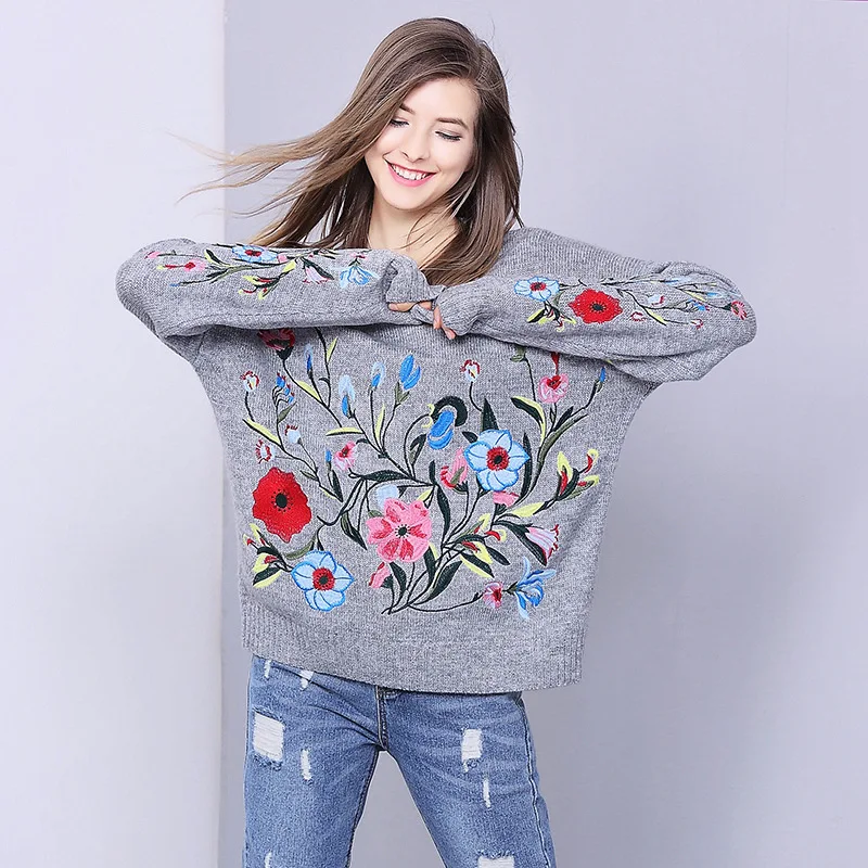 2017 Winter Women Fashion Casual Loose Sweaters Long Sleeve Floral