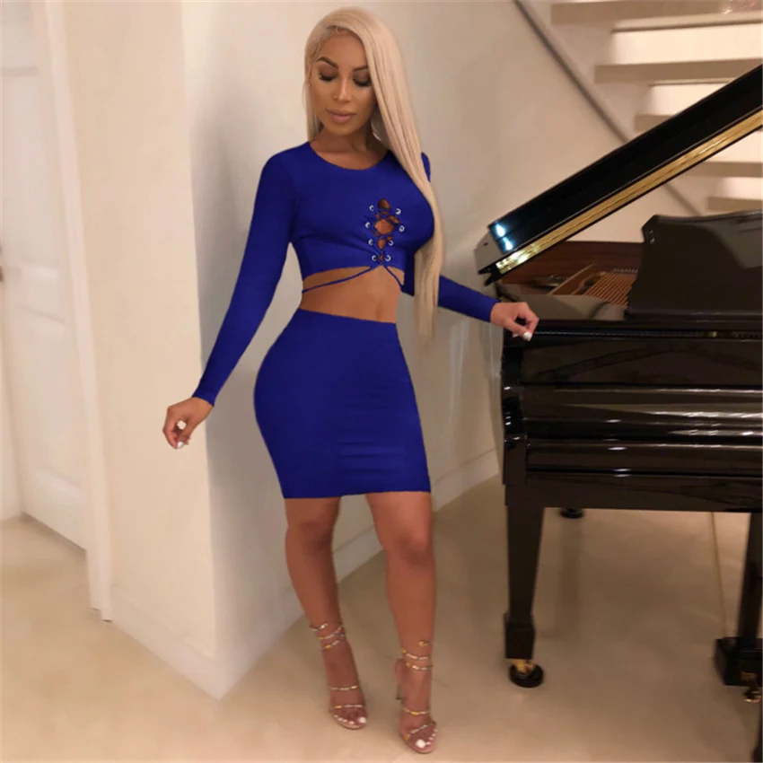 Fashion Tracksuit Women 2 Two Piece Set Solid Bodycon Hollow Out Skirt