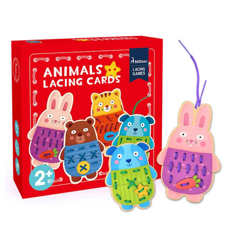 Animals Lacing Cards Wooden Toy Wear The Button Basic and Life Skills ...
