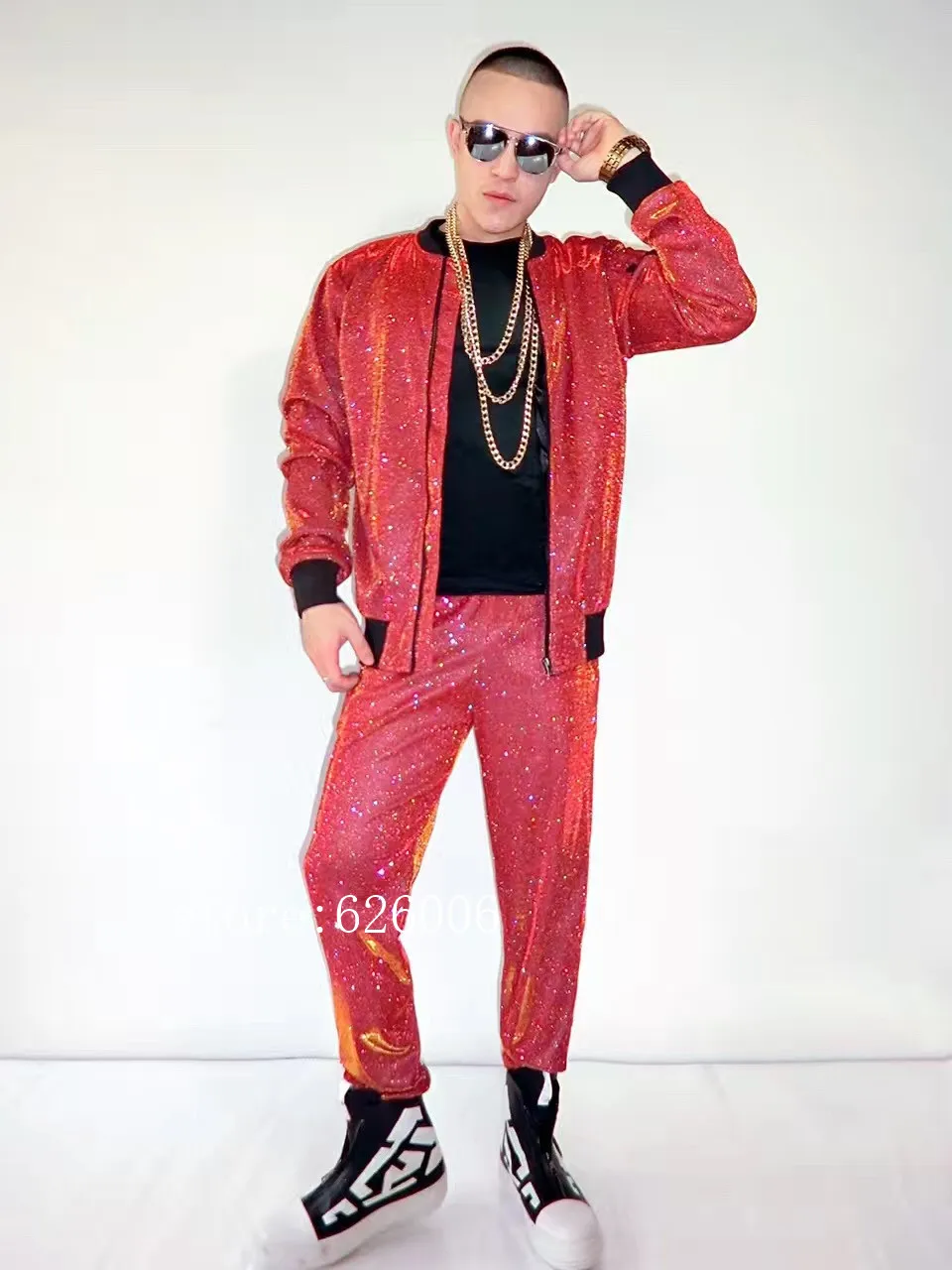 Nightclub Male Singer DJ dancer costumes red gold flash powder hip hop ...