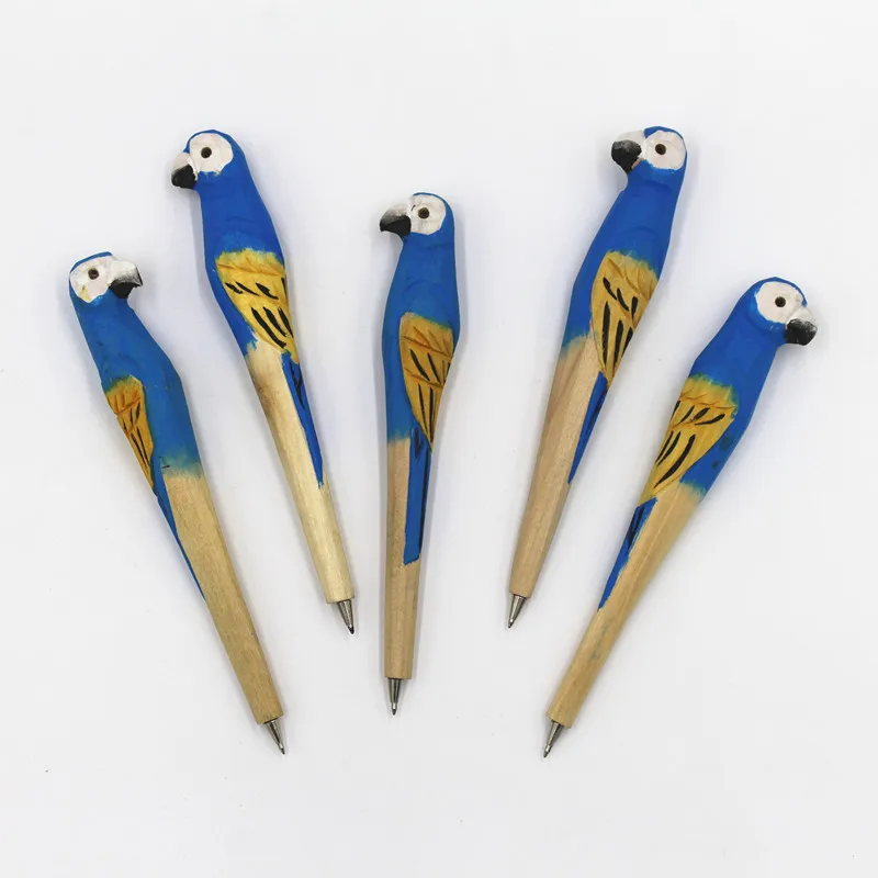 Coloffice Creative handmade Wood carving Blue Parrot Bird Ballpoint pen ...