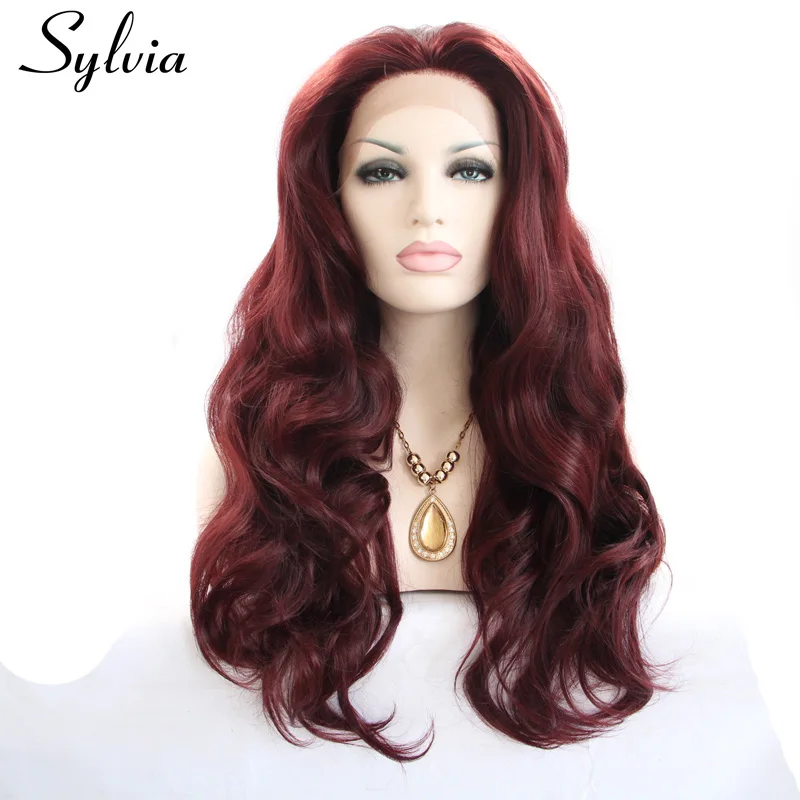 Sylvia Wine Red Color Long Body Wave Wigs Synthetic Lace Front Wig 99j ...