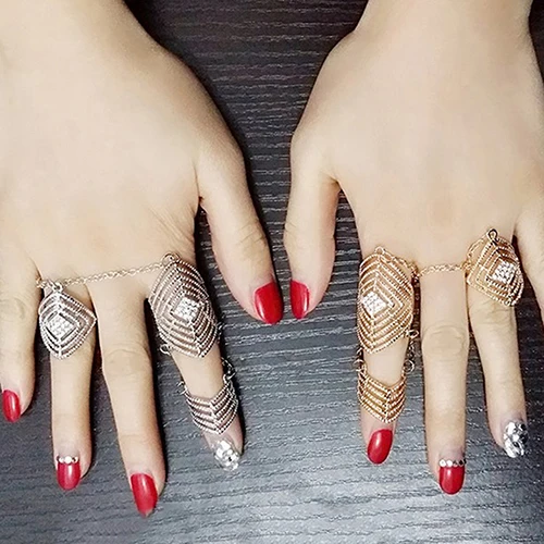 Women Rhinestone Hollow Rhombus Full Finger Armor Slave Chain Joint ...