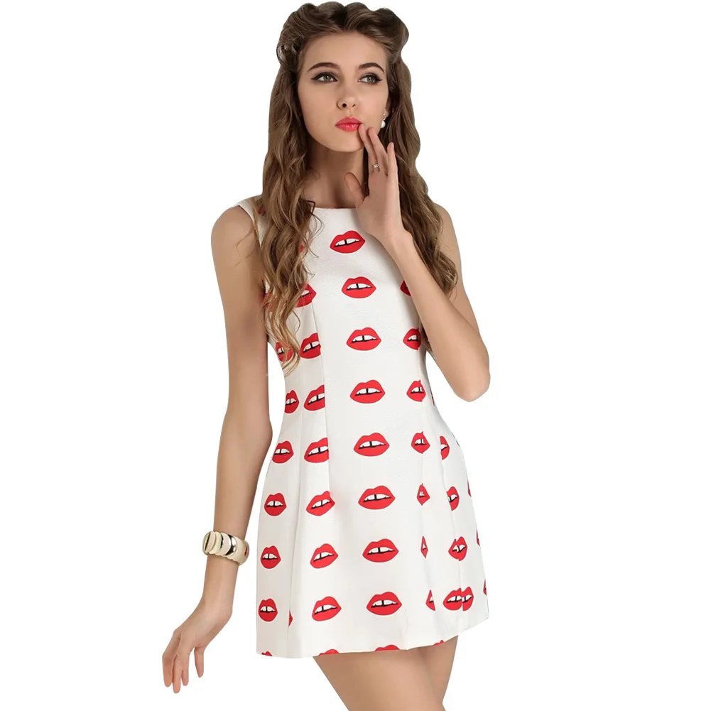 White Dresses For Women Red Lips Design Women's Sleeveless Lip Pattern ...