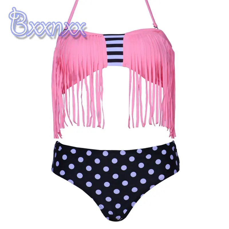 2016 New Print Fringe 3d Bikinis Women Leopard Dot Swimsuits Tassel