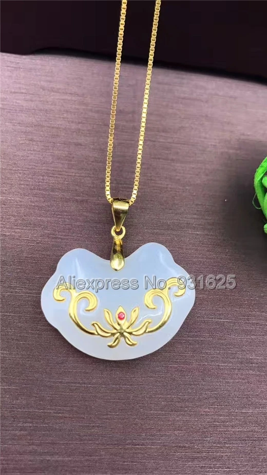 Natural White HeTian Yu + Full Gold Inlaid Carved RuYi Lock Style Lucky ...