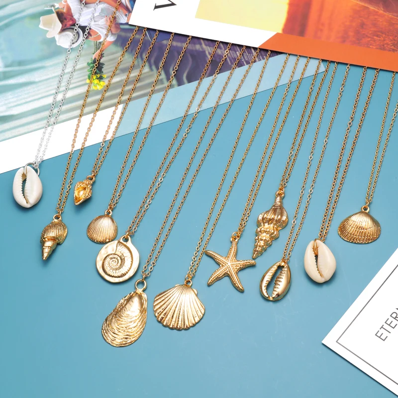 Collar con colgante de concha Bohemia para mujer, cadena larga redonda, Gargantilla con dijes ...