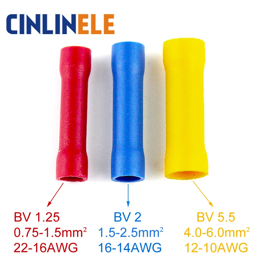 100 조각 BV1.25 BV2 BV5.5 절연 스트레이트 와이어 버트 커넥터 전기 압착 단자 BV1 BV5|straight wire butt connector|butt ...
