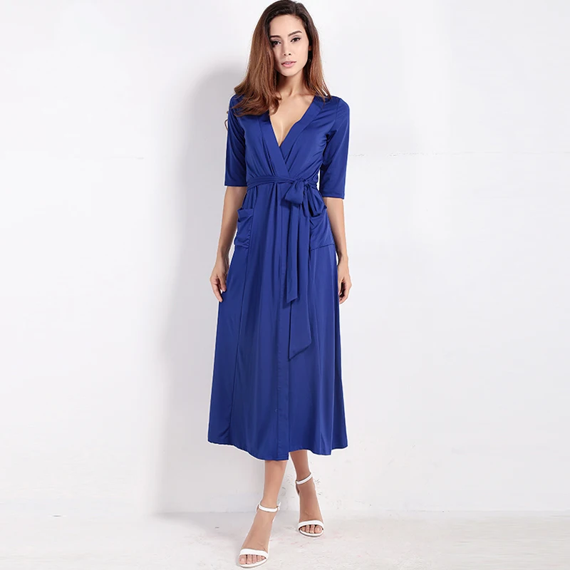 2016 New Summer Fashion Women Office Dress Solid Blue Elegant OL Large ...
