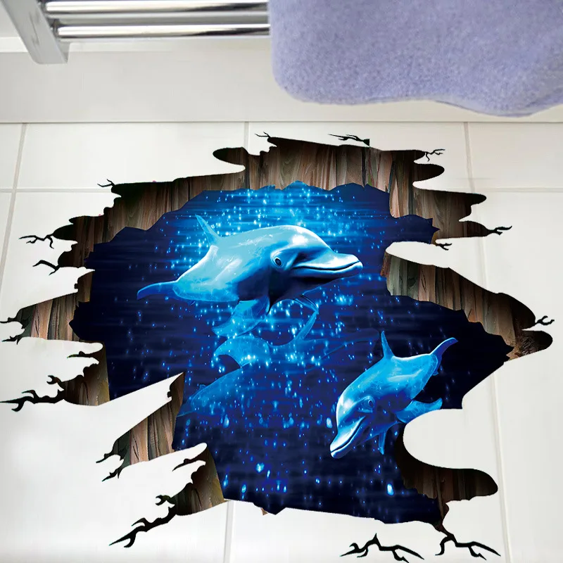 3D Dark Blue Dream Dolphin Floor Sticker Bathroom Living Room Floor ...