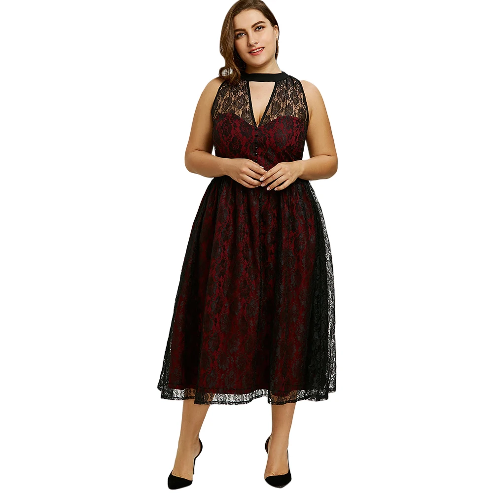 Wipalo Women Plus Size 5xl Lace Cut Out Party Dress Female Sleeveless