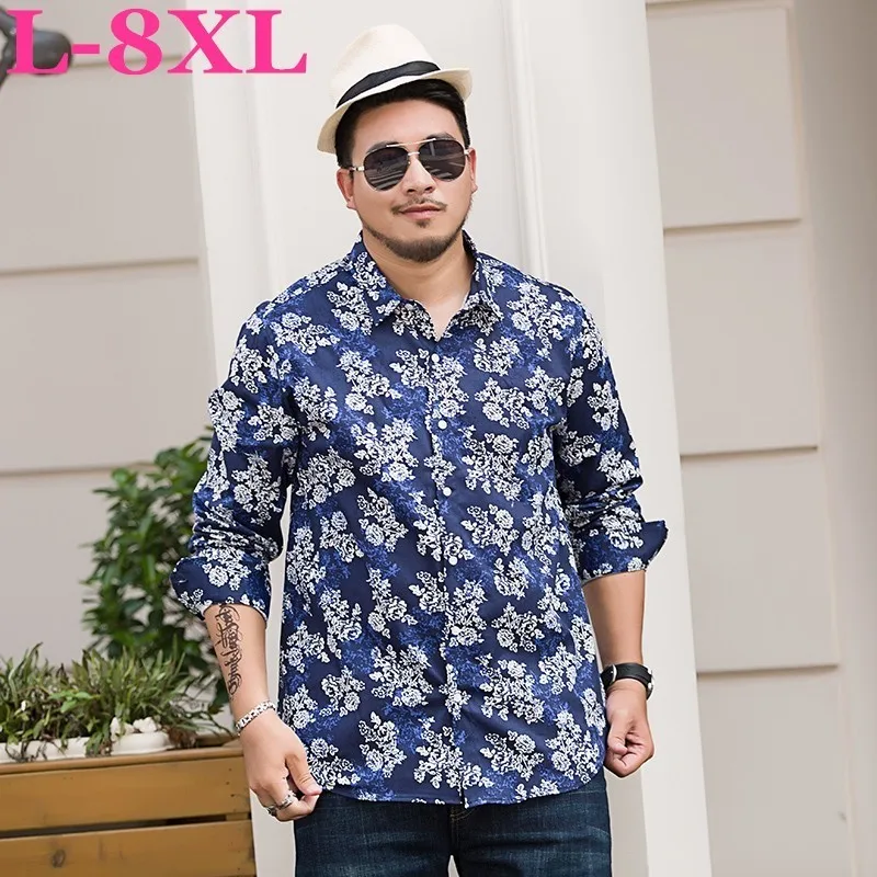 plus 8XL 6XL Spring Floral Print Men Shirts Long Sleeve Mens Casual ...