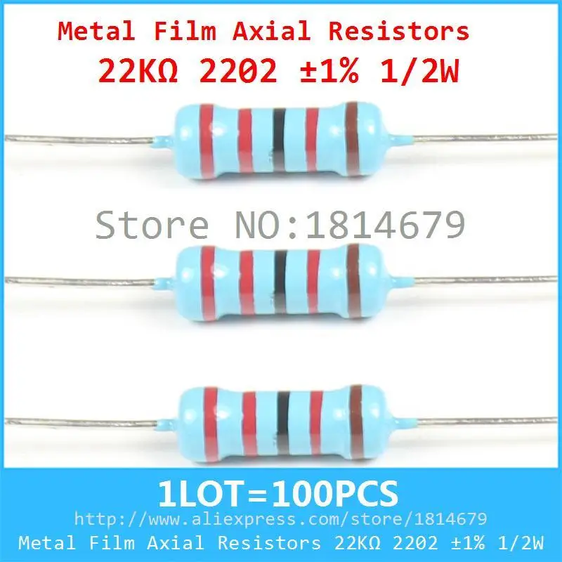 1LOT=100PCS Metal Film Axial Resistors 22Kohm 2202 1% 1/2W 22000ohm 0 ...