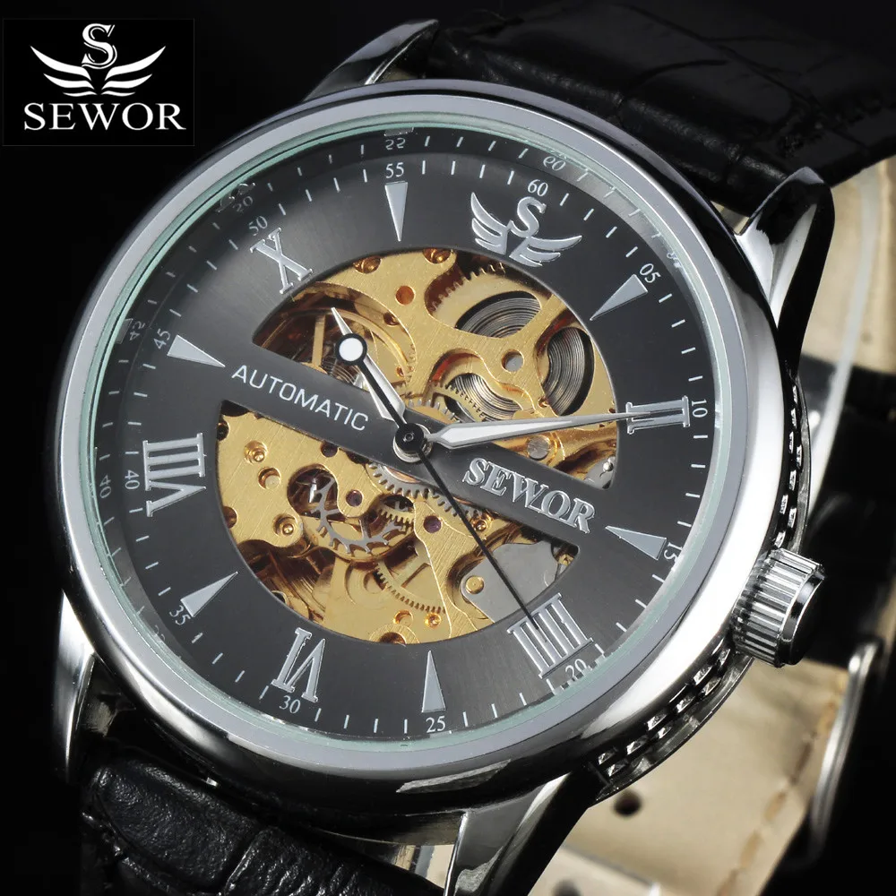 SEWOR Brand Gold Skeleton Mechanical Watch Men Leather Strap Clock Male ...