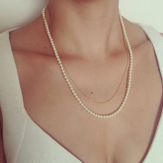 European Style Fashion Elegant Pearl Multilayer Metal Chain Necklace