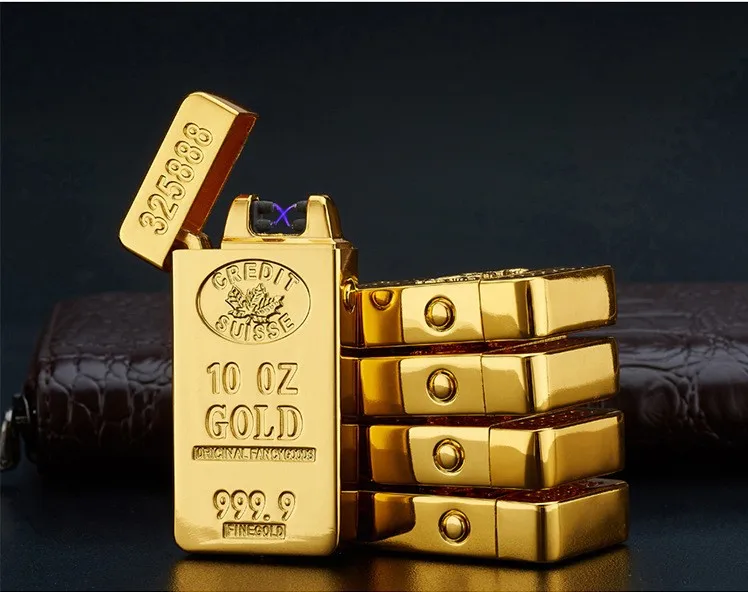 2016 whole luxury gold bar design lighter USB charging Double arc pulse ...