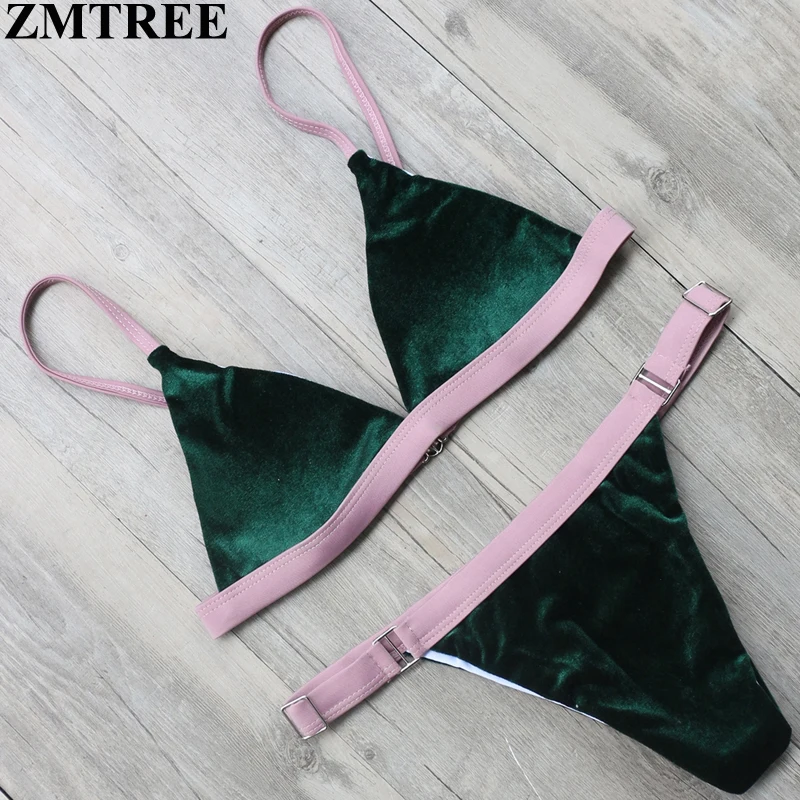 Zmtree Women Swimsuit Metal Ring Bikini Set Velvet Swimwear Bikini Sexy