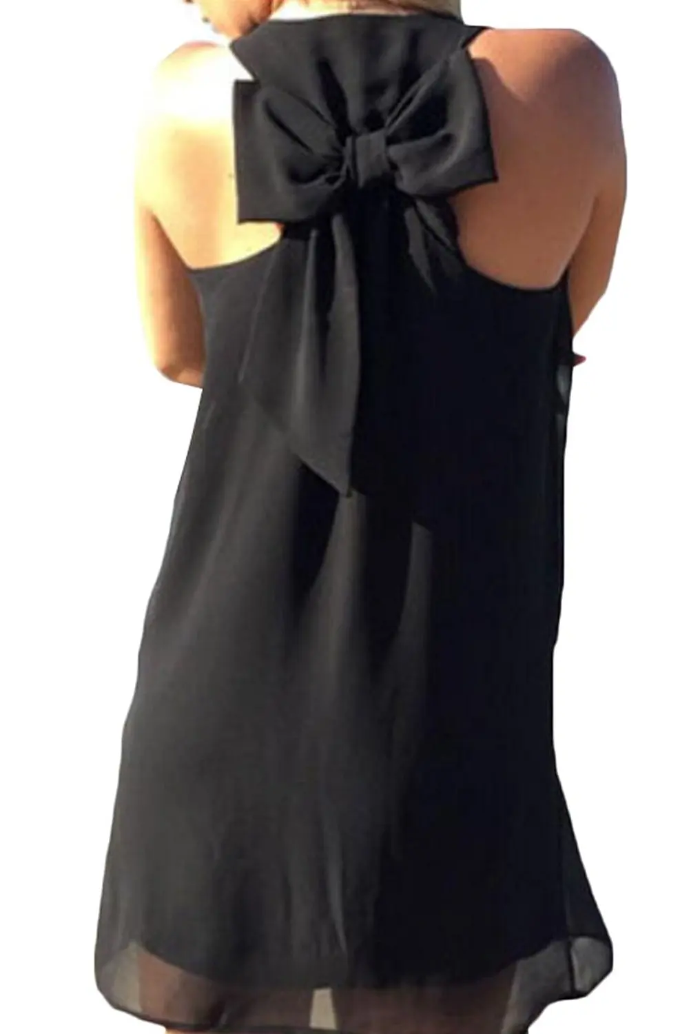 Abetteric Womens Cute Back Bow Tie Solid Casual Crewneck Mini Sundress ...