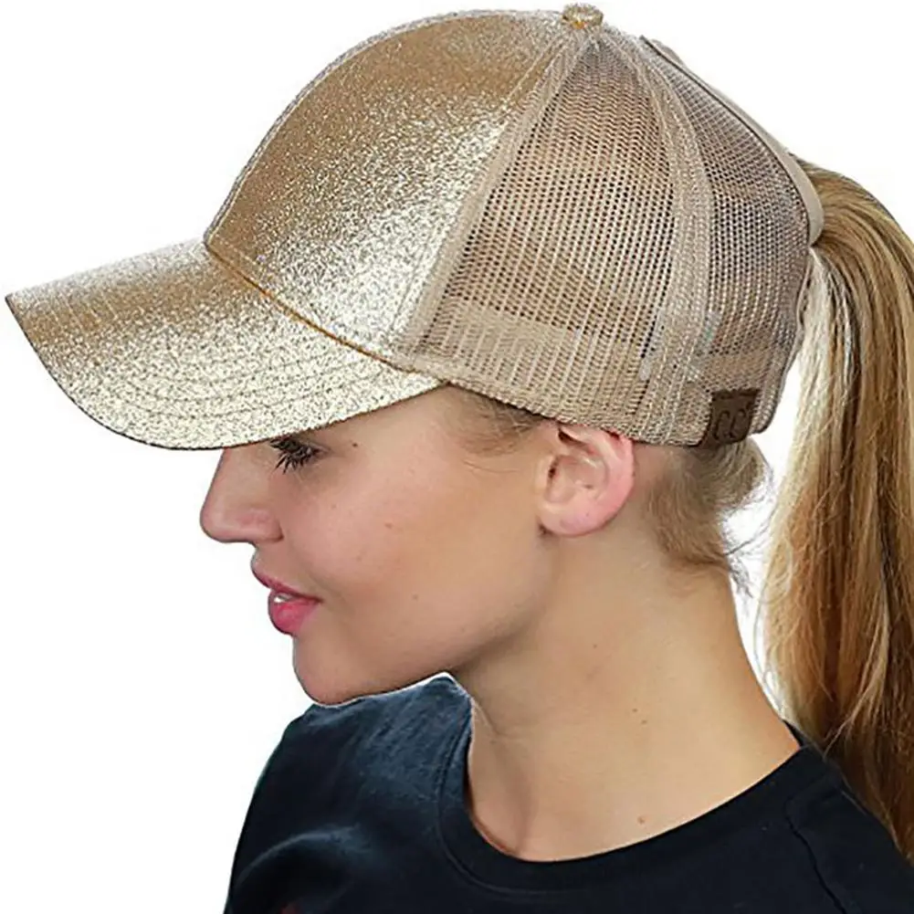MISSKY Women Breathable Paillette Baseball Cap With Ponytail Hole