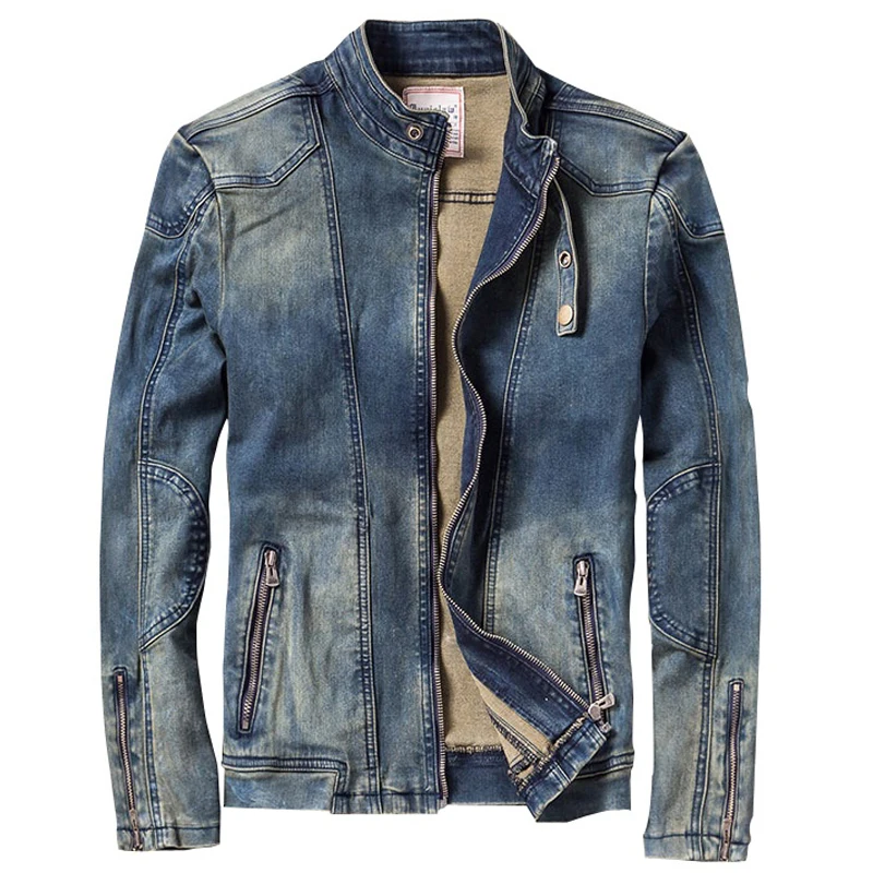 Spring Fall Fashion Cool Mens Blue Mandarin Collar Denim Jacket , Male ...