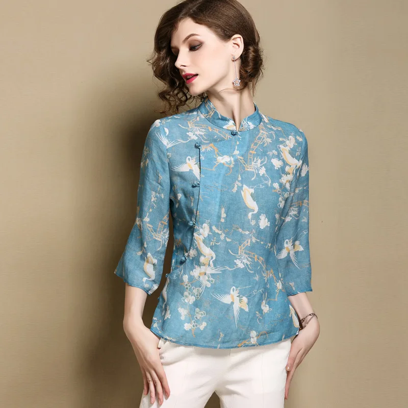 Elegant Print Chinese Tang Tops Traditional Oriental Women Clothes