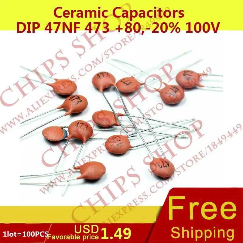 1LOT=100PCS Ceramic Capacitors DIP 47nF 473 +80, 20% 100V 47000pF 0 ...