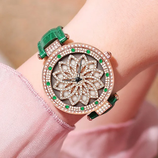 Creative Rotation Flower Women Watches Luxury Diamand Rose Gold Clock ...