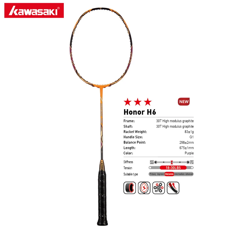 Kawasaki Attack Type Badminton Rackets HONOR H6 30T Carbon Fiber Box ...