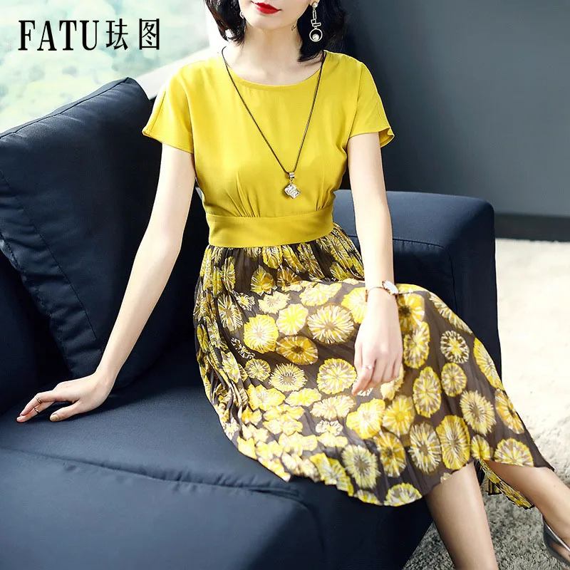FATU Yellow Dress Women Spring Pleated Dresses Casual Printed Waist ...