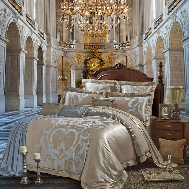 Buy Golden Silver Luxury Satin Jacquard Bedding Sets