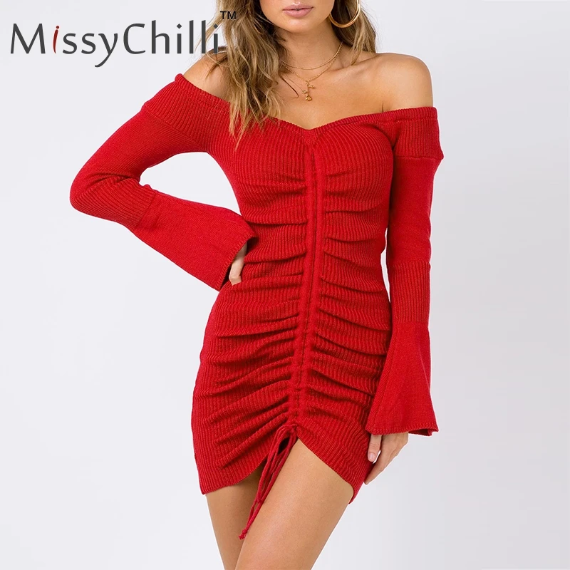 Missychilli Off Shoulder Sexy Sweater Knitted Dress Women Flare Sleeve