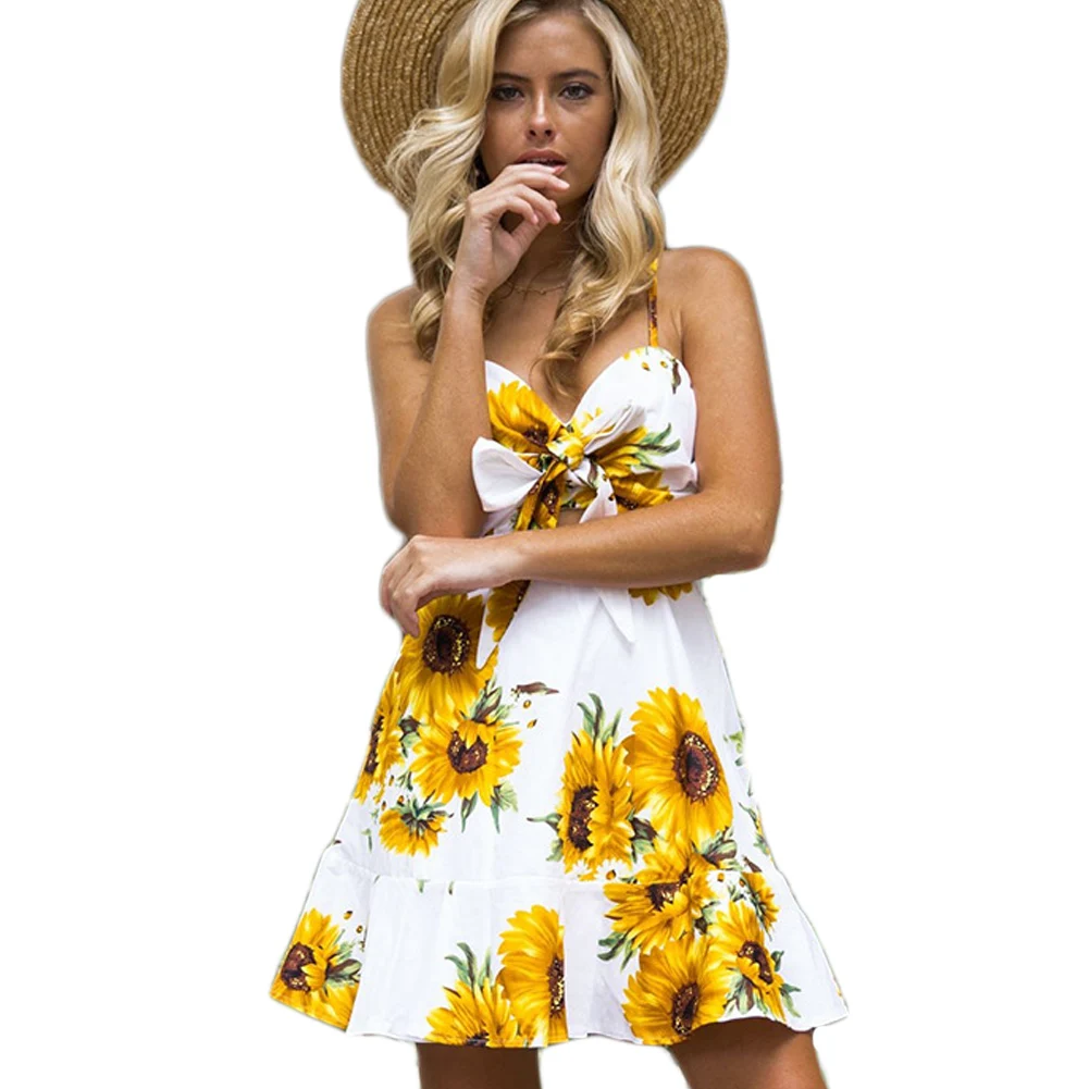 2018 Sleeveless Print Sunflower Floral Dress Bow Backless Strapless