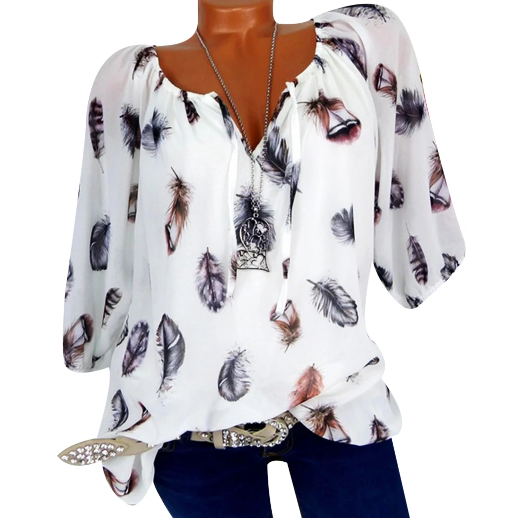 Off Shoulder Feather Printed Chiffon Blouse Women Tops Vintage Sexy V