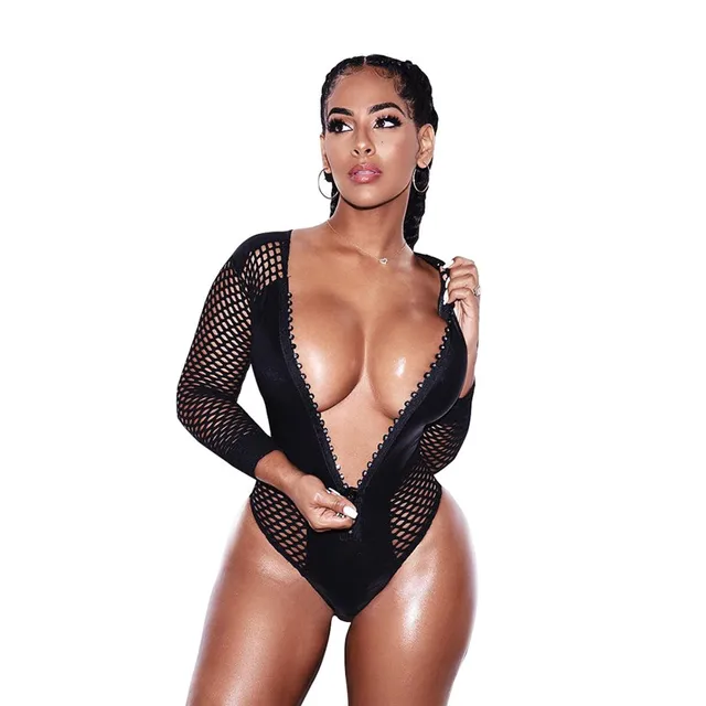 Sexy V Neck Mesh Bodysuits Women Stretch Long Sleeve Zipper Party Short
