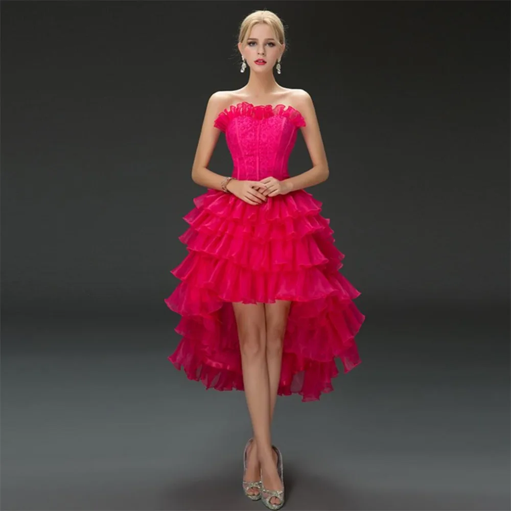 2015 Hi Lo Short Front Long Back robe de cocktail Strapless Tiered ...